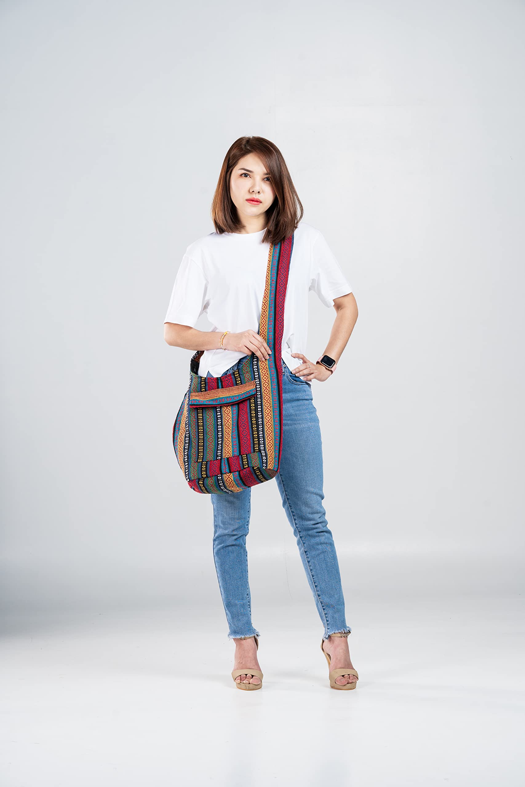 ChuanChom Naka Sling Crossbody Boho Handbag Hand Woven Fabric Crossbody Bags For Women (ฺBlack-White No.2)