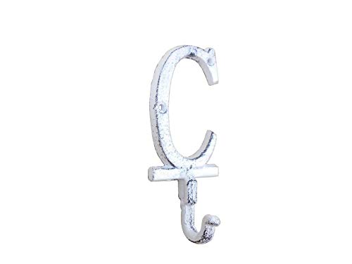 Hampton Nautical Whitewashed Cast Iron Letter C Alphabet Wall Hook 6" - Door Decor - Decorative
