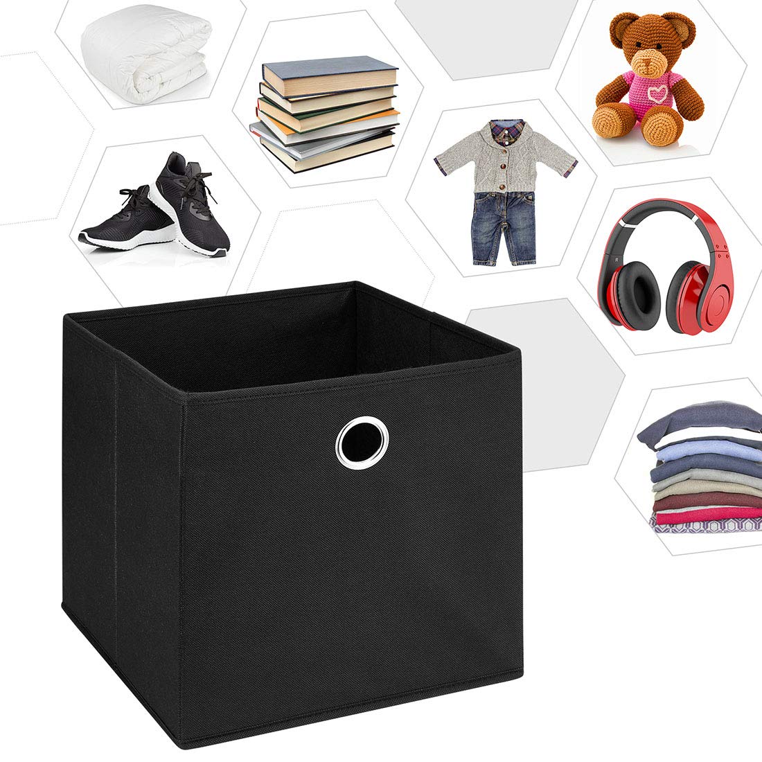 i BKGOO Foldable Storage Cube Drawer Bins Collapsible Fabric Storage Boxes with Round Metal Grommets for Organizing Shelf Nursery Home Closet 4 Pack Black 11" x 11" x 11"