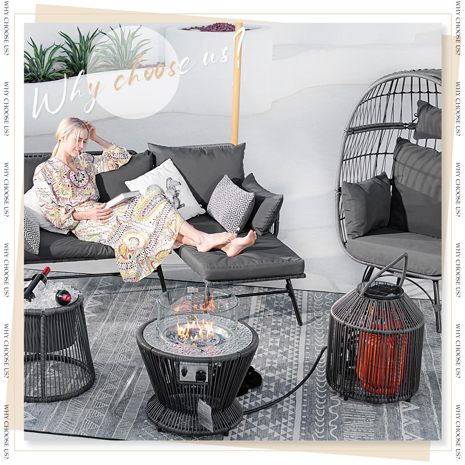 BULEXYARD Grey PE Wicker Patio Propane Fire Pit Table with Solar LED Lamp Cover of Propane Tank, Outside Round Firepit for Garden Deck Backyard