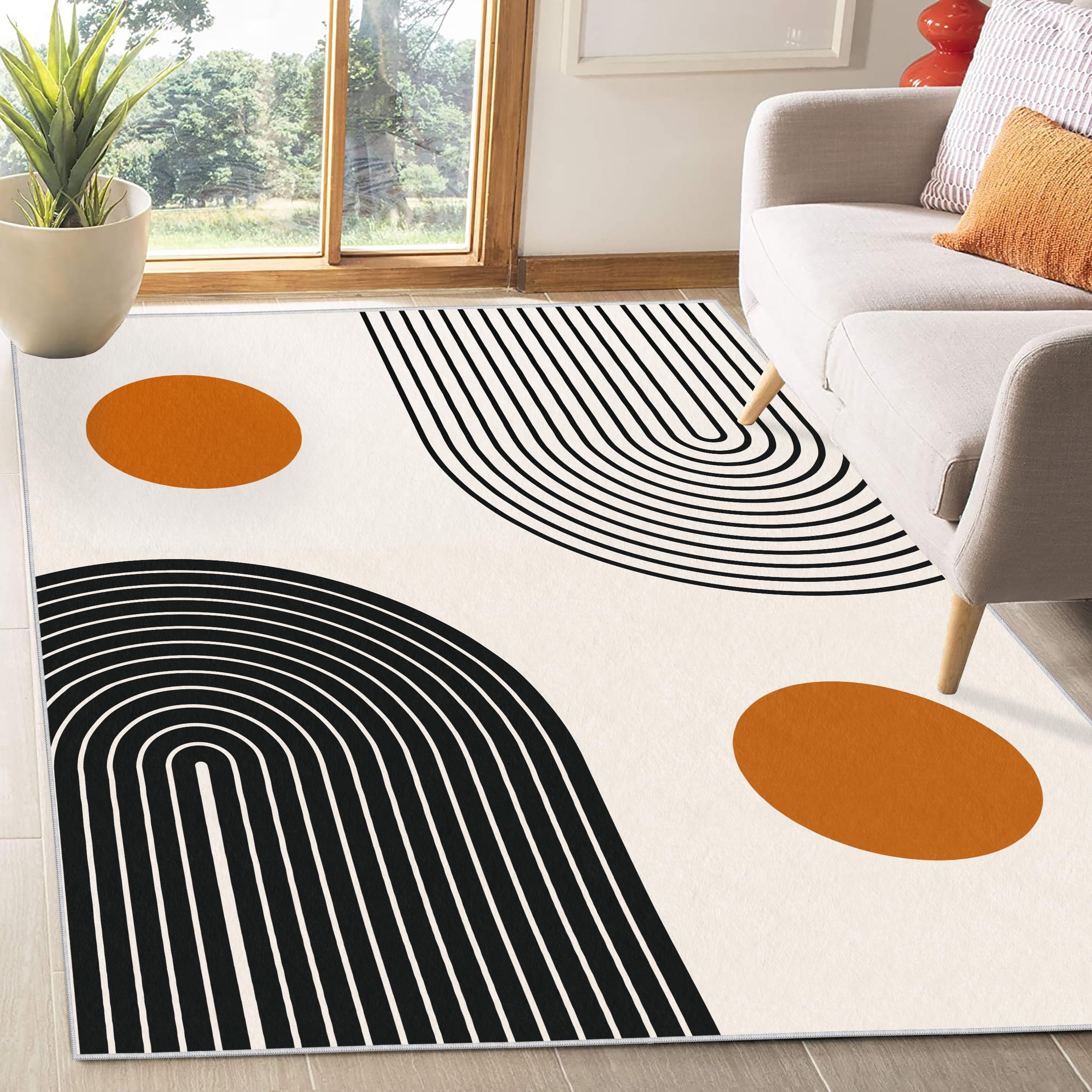Tyrot Mid Century Modern 5x7 Rug Washable Boho Rainbow Area Rugs Non Slip Contemporary Thin Low Pile Classroom Rugs for Living Room Bedroom Minimalist Abstract Sun Floor Carpet for Nursery Dining Room