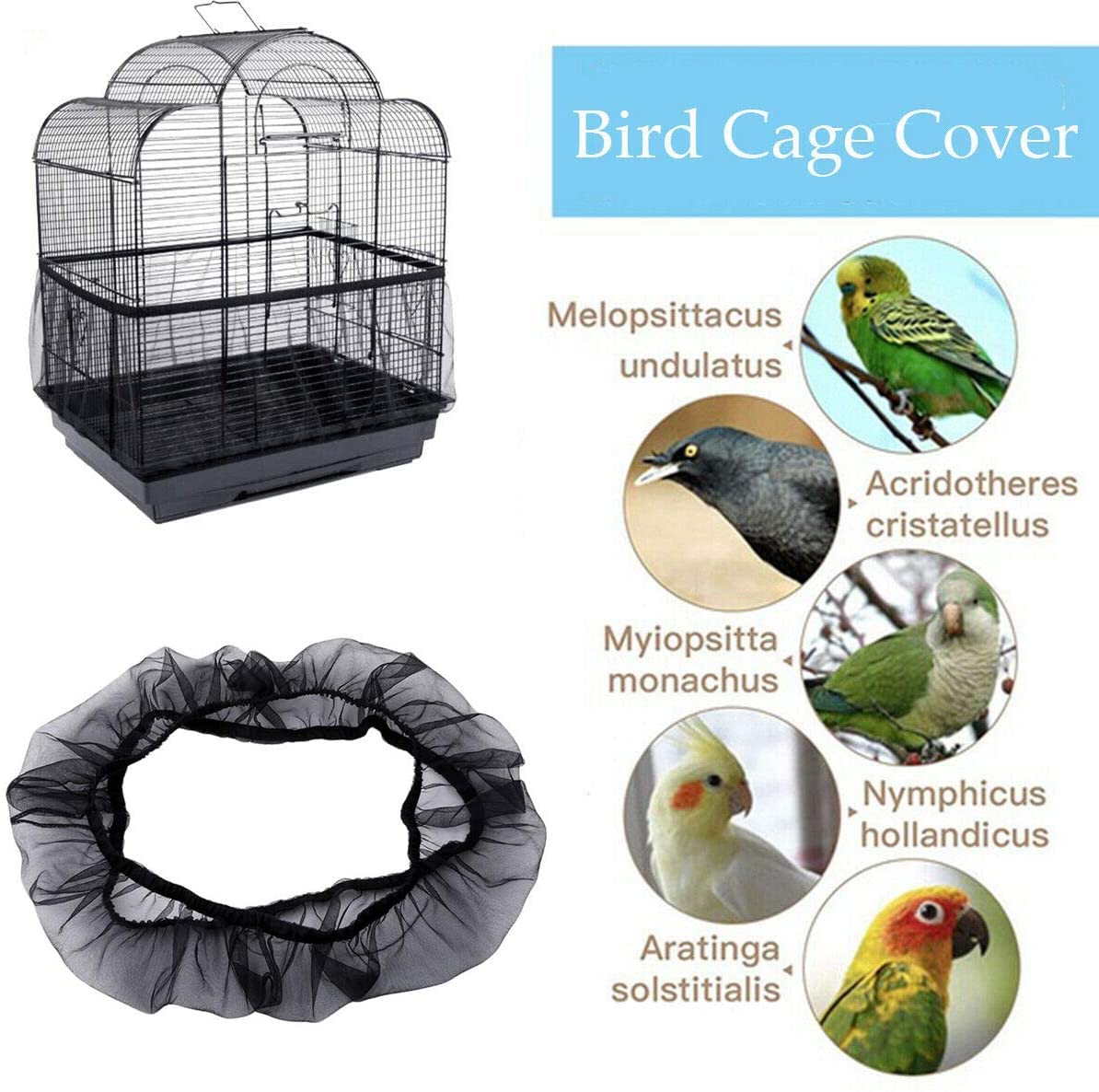 Bird Cage Seed Catcher,Seed Catcher Guard Net Cover,Parrot Nylon Mesh Net Cover,Prevent Scatter and Mess, Soft Airy Cage Net Stretchy Skirt for Round Square Cages(Circumference 40 inch to 72 inch)