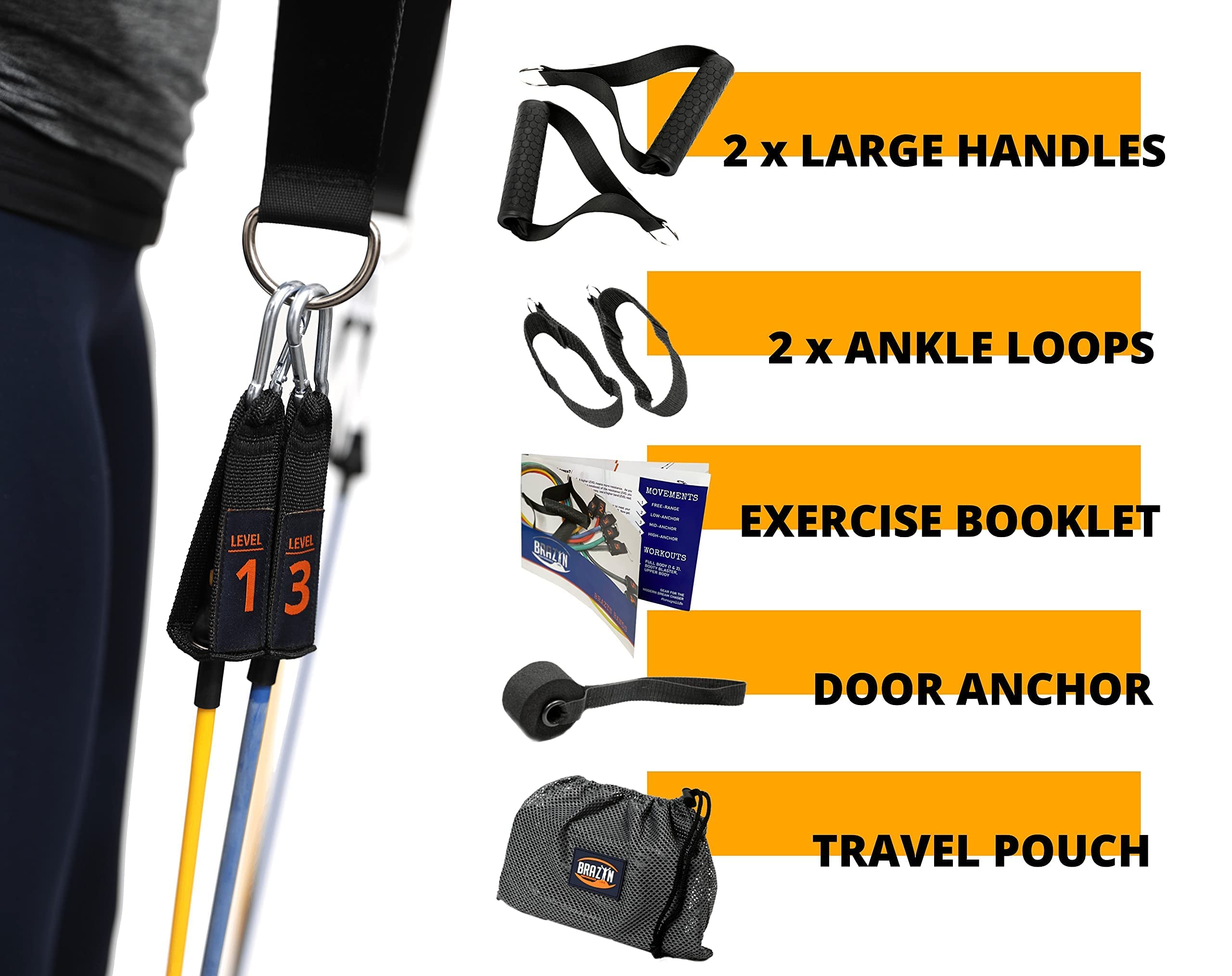 Brazyn Bundle - Resistance Bands Kit (with Handles) and Mobility Stretching Strap (Navy) for Home Workouts, Strength Training, Stretching, Yoga, Physical Therapy, Pilates, Dance and Gymnastics