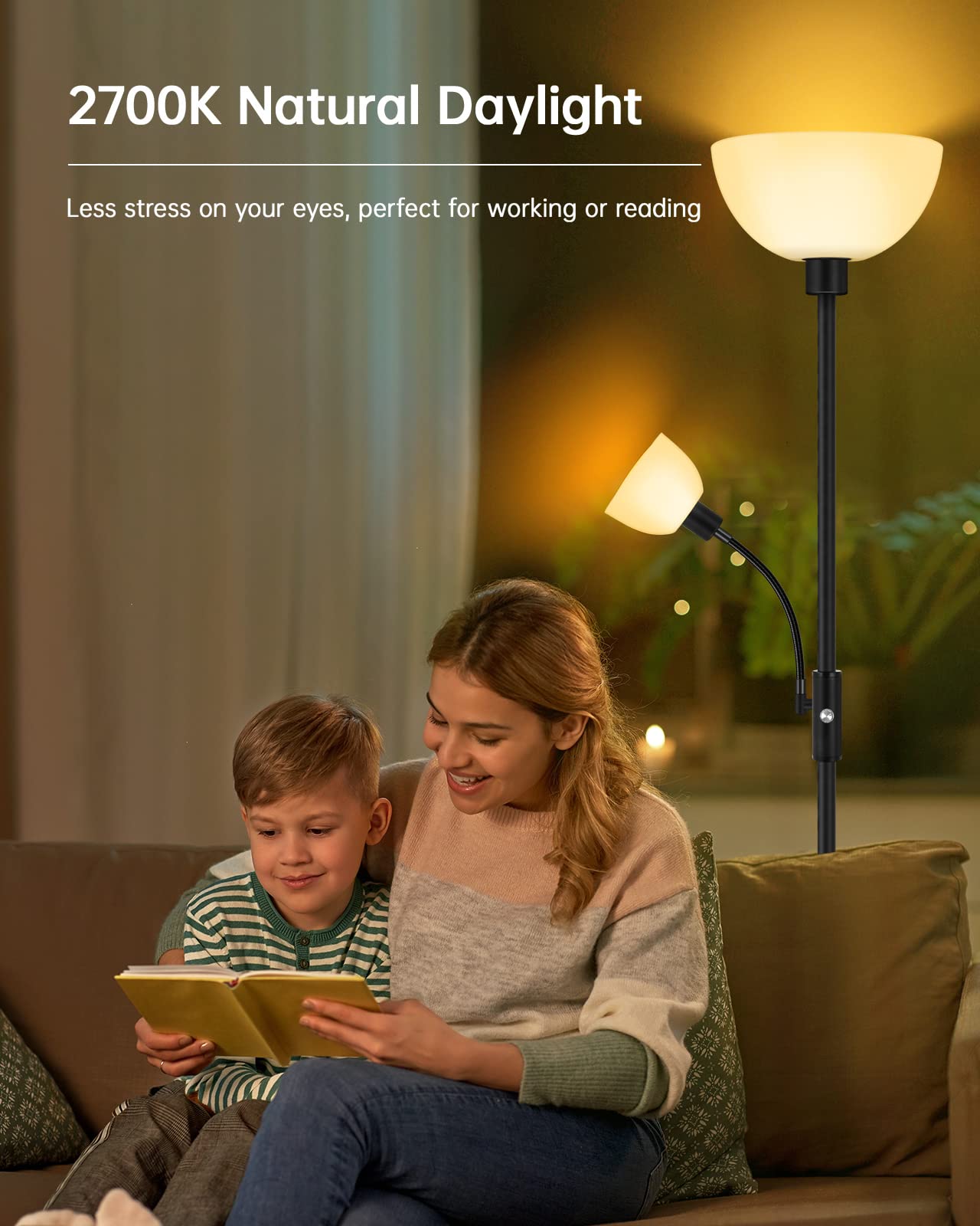 BoostArea Floor Lamps for Living Room, Modern Floor Lamp with Reading Lamp(12W, 4W), Bright Standing Lamp with Bulbs, 70.5" Tall, White Plastic Lampshades,3-Way Rotary Switch, Simple Pole Lamps, Black