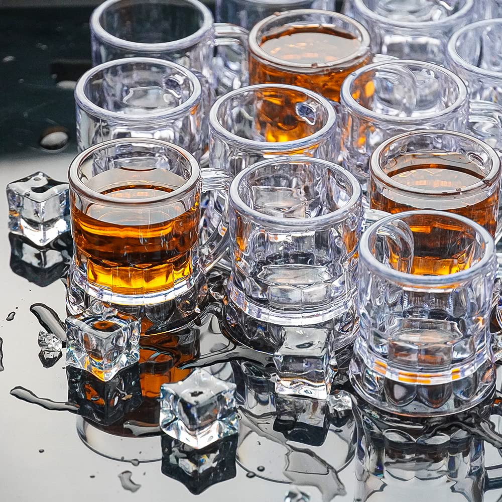 JUXINGDAZYF Plastic Beer Mug 2 Oz, 24 PCS Mini Beer Mug Shot Glasses, Heavy Base Clear Mini Beer Mugs, Small Plastic Shot Cups for Party Drink, Beer, Whiskey, Tequila, Vodka