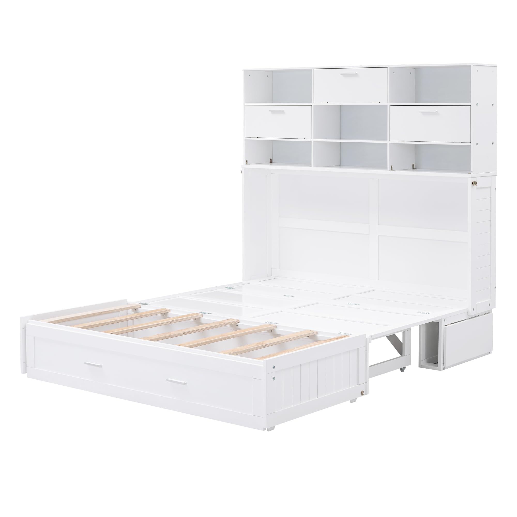 BIADNBZ Queen Size Murphy Bed, Space-Saving Wall Cabinet Beds with Bookcase Storage, Bedside Shelves and a Big Drawer for Guest Room Home, White