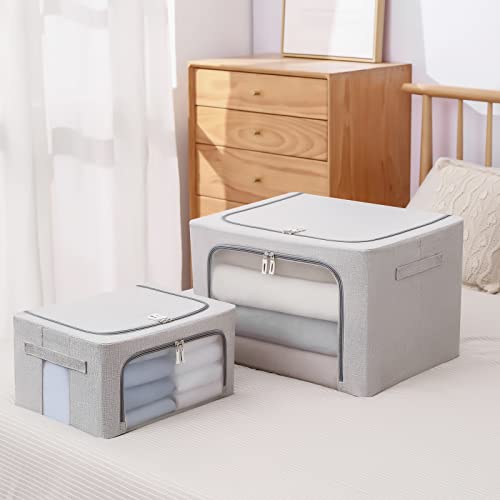 FAikhom 3 Pack Clothes Storage Bins Stackable Storage Box Large Capacity Foldable Metal Frame Storage Container Organizer with Mesh Window and Carrying Handles (Small-22L, Light Gray)
