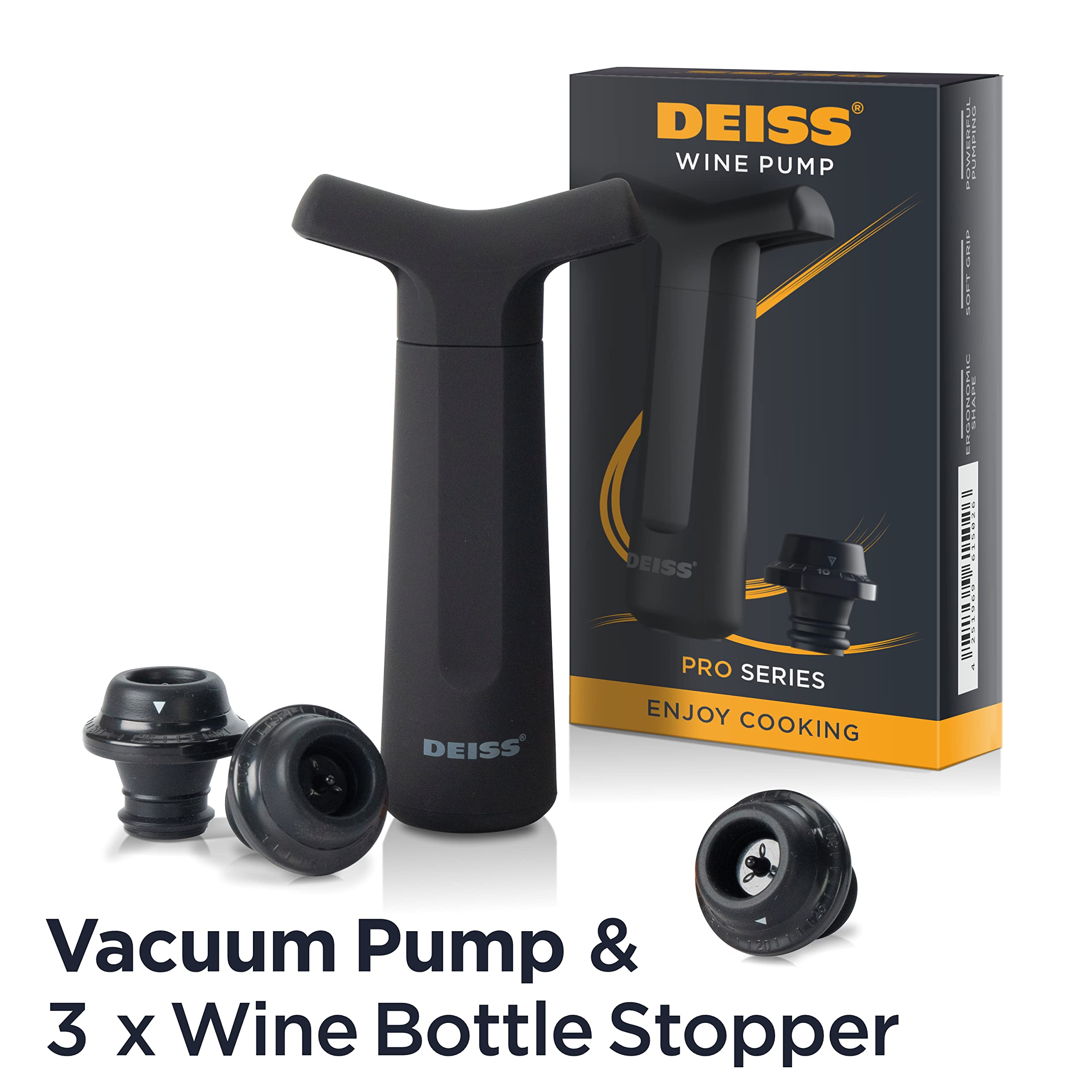 Deiss PRO Vacuum Pump Wine Saver with 3 x Wine Bottle Stopper β Silicone Wine Stoppers for Wine Bottles with Date Markers - Wine Stopper to Keep Your Wine Fresh β Stops Oxidation of Wine