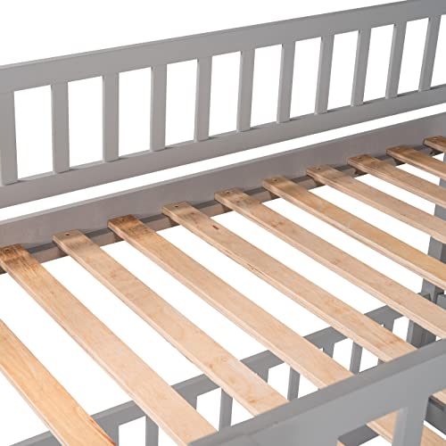 BIADNBZ Twin Over Twin Bunk Bed with Slide, Fence and Ladder, Solid Wood Low Bunkbed Bedframe for Kids Boys Girls Bedroom, Gray