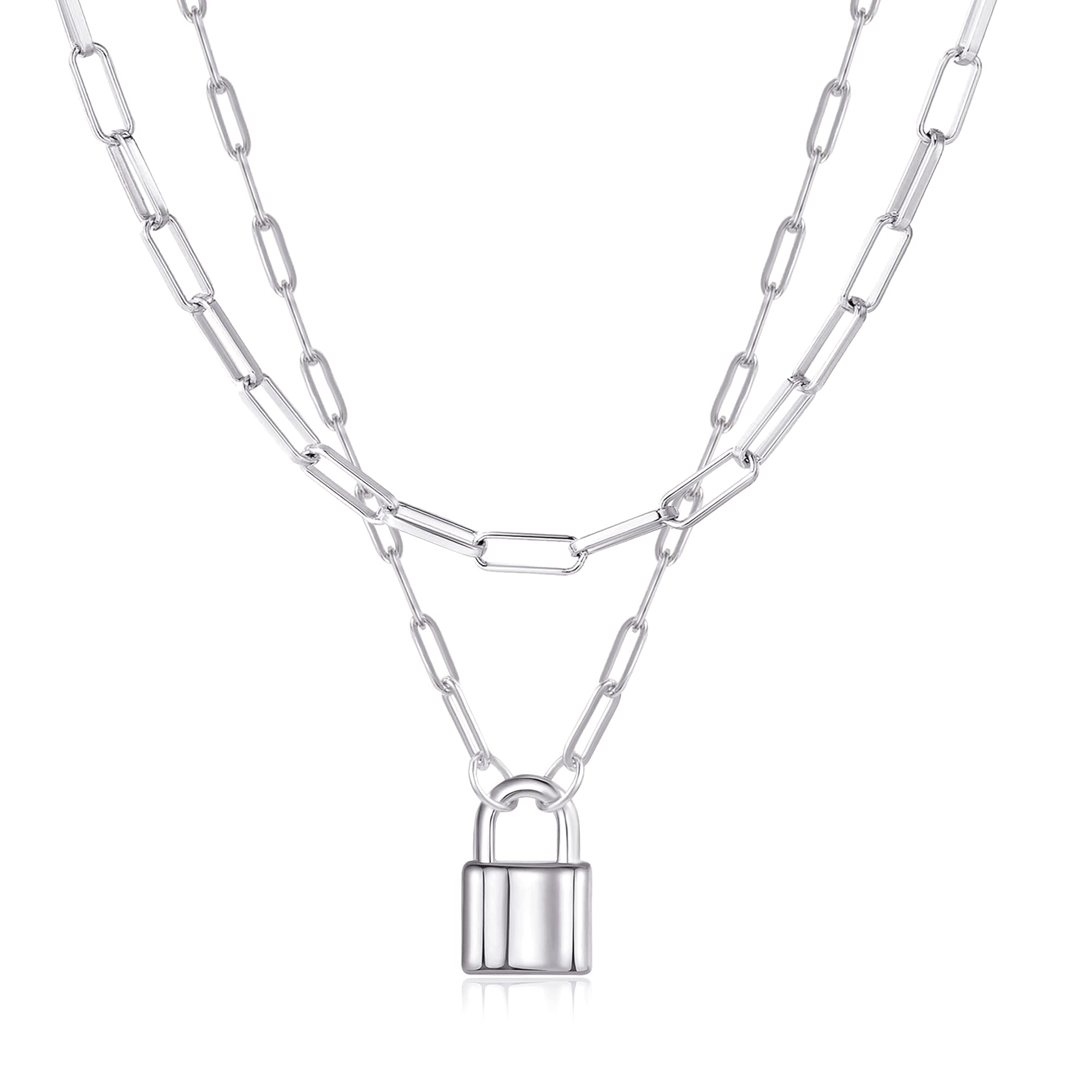 BOUTIQUELOVIN Layered Necklace for Women Silver Paperclip Link Chain Necklace with Lock Pendant Set of 2 Necklaces