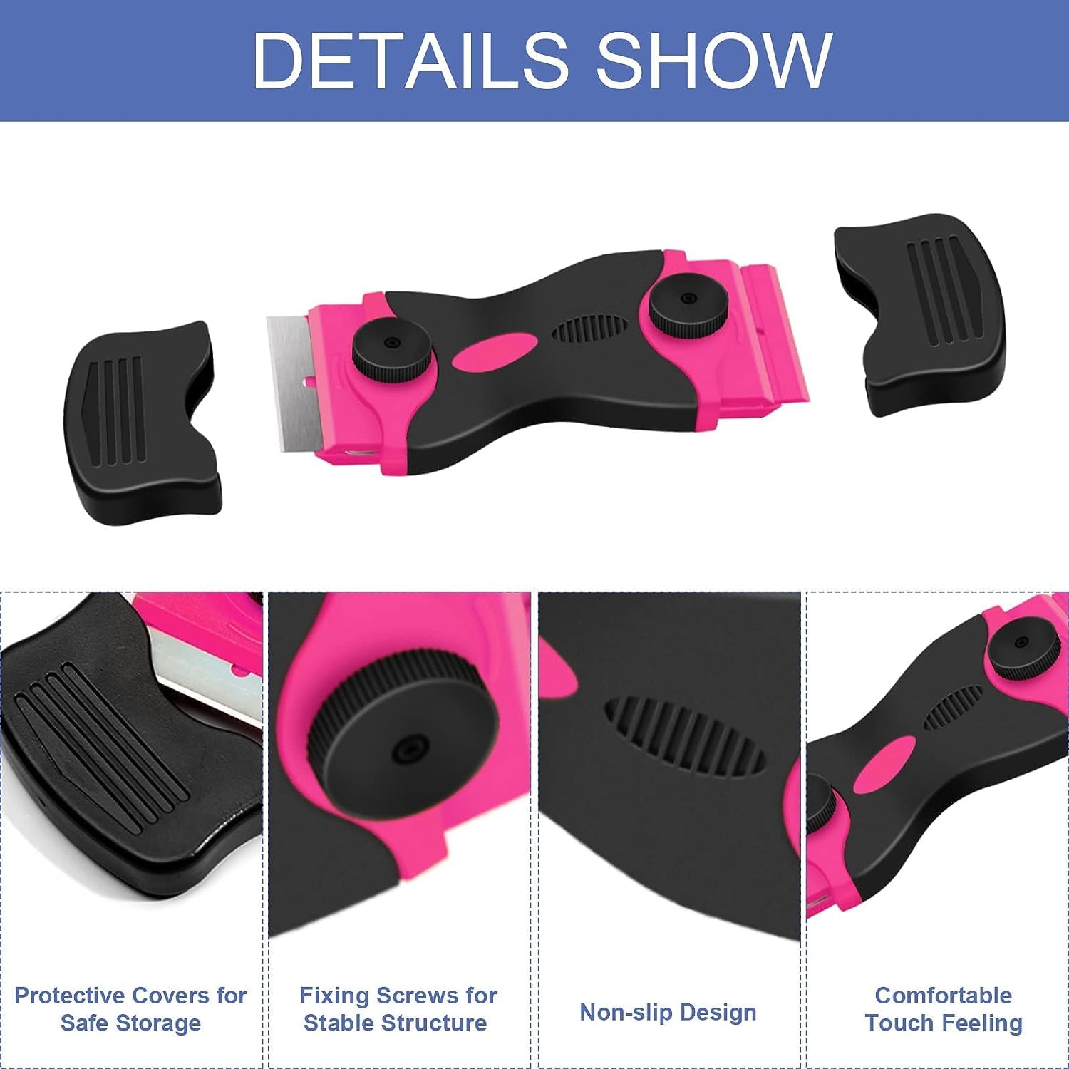 DEKEones Razor Blade Scraper, 2 Pack Double Edged Razor blade Scraper Tool with 30 Pcs Razor Blades, Glass Scraper for Windows, Decals, Tint, Stickers, Labels, Caulk, Adhesive(Pink)