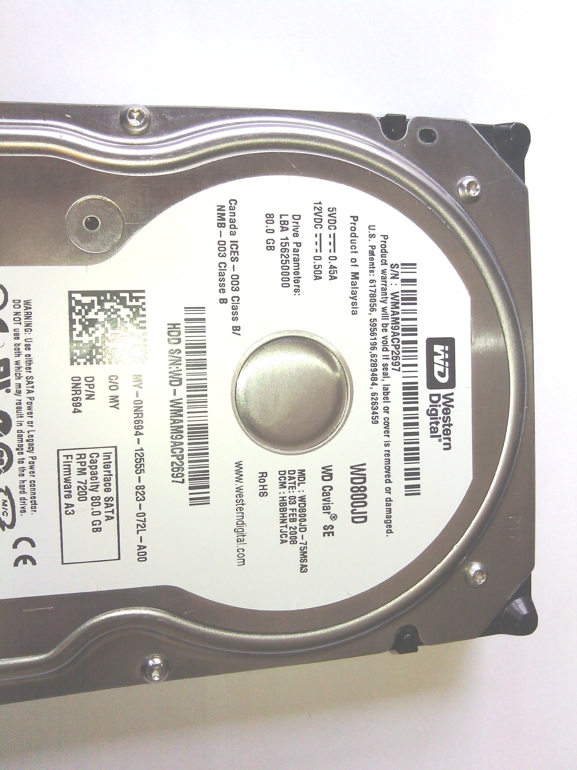 Western Digital WD800JD Caviar SE Model: WD800JD-75MSA3, 80GB 7200 RPM 8MB Cache SATA 3.0Gb/s 3.5