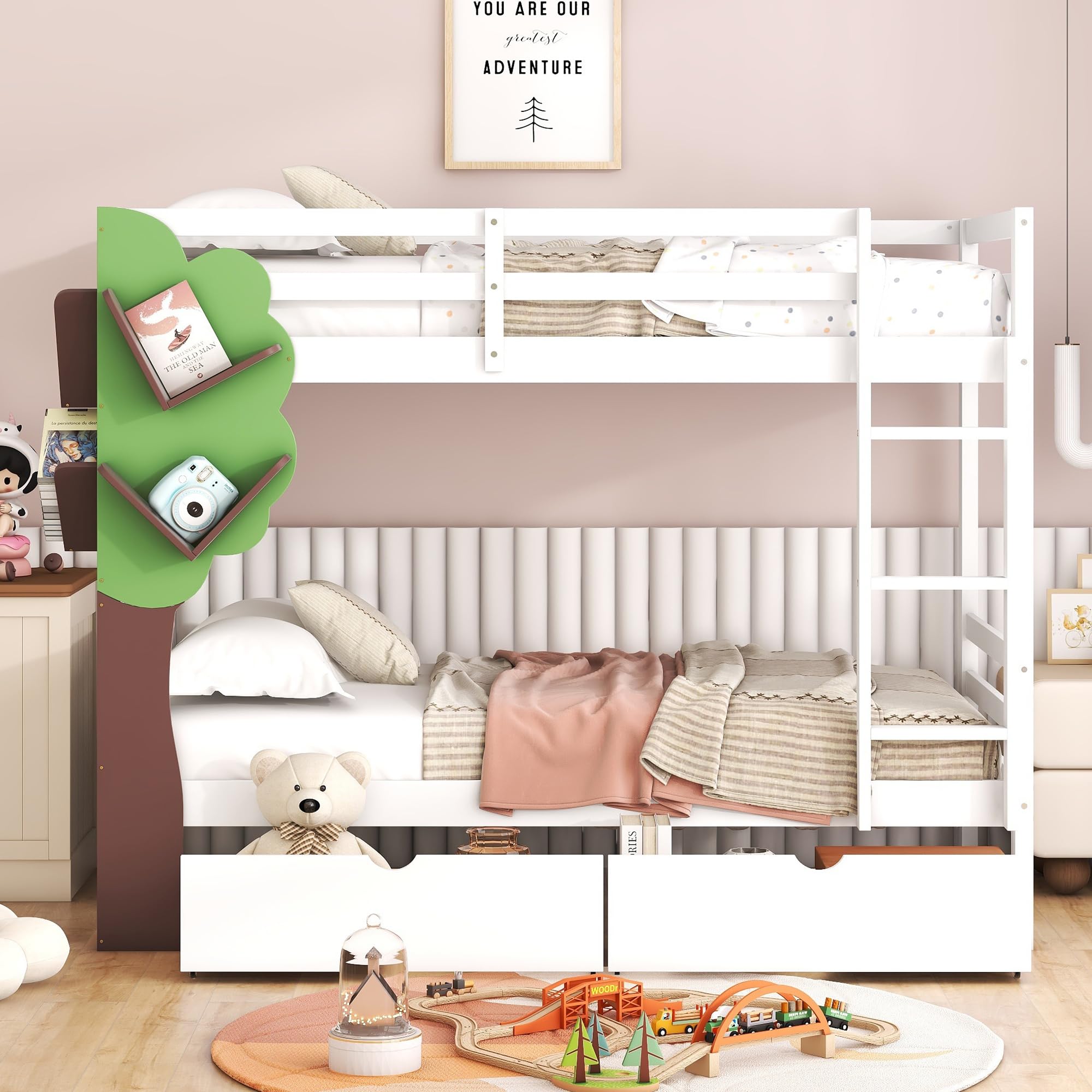 BIADNBZ Bunk Bed, Twin Over Twin Size Beds with Two Storage Drawers and a Tree Decor, Wood Low Bunkbed Frame for Kids Boys Girls Bedroom, White