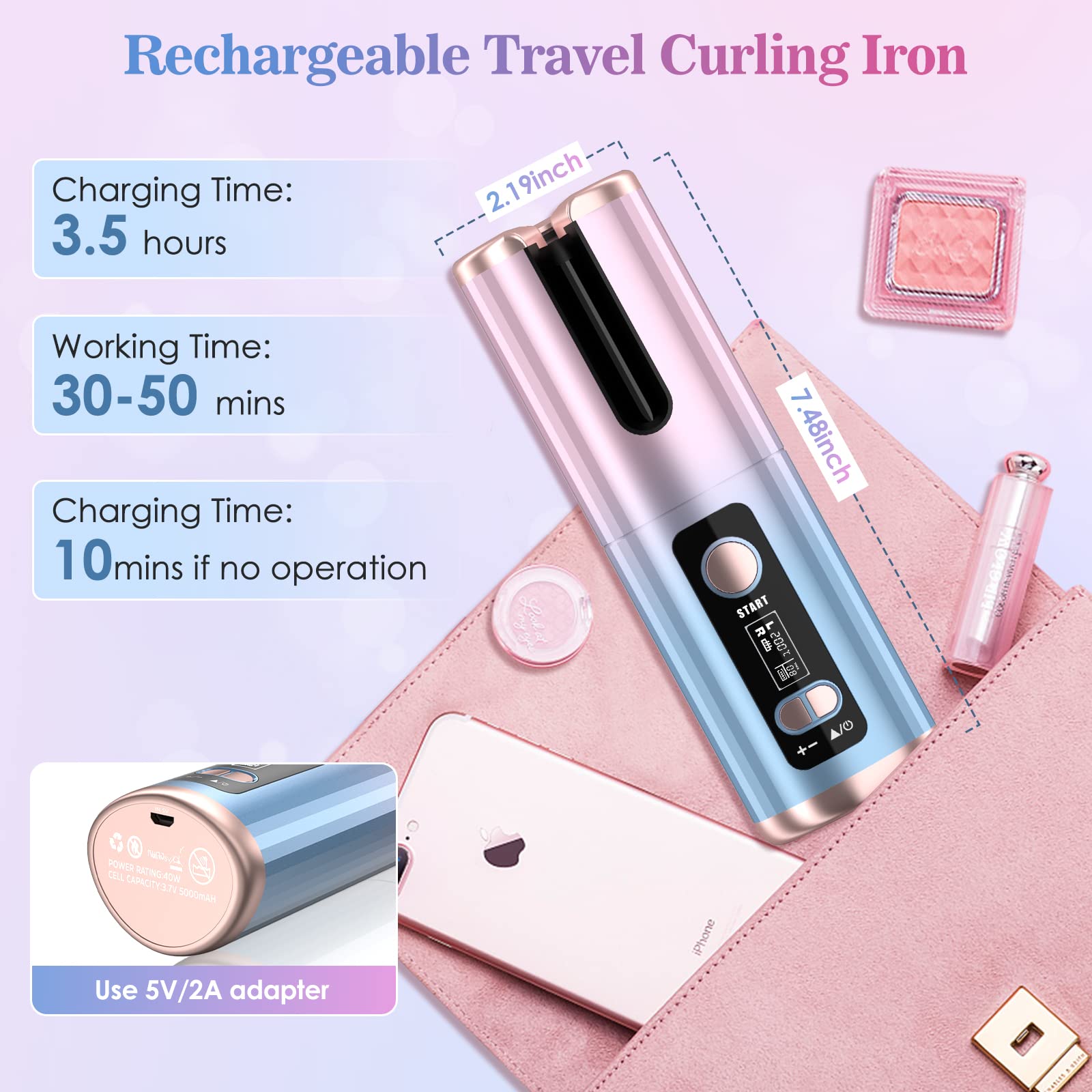 Curling Iron Automatic Hair Curler, Cordless Rechargeable Curling Iron, Portable Hair Curler Automatic Rotating w/ 6 Temps & Timer, Auto Shut-Off, Fast Heating Iron for Styling