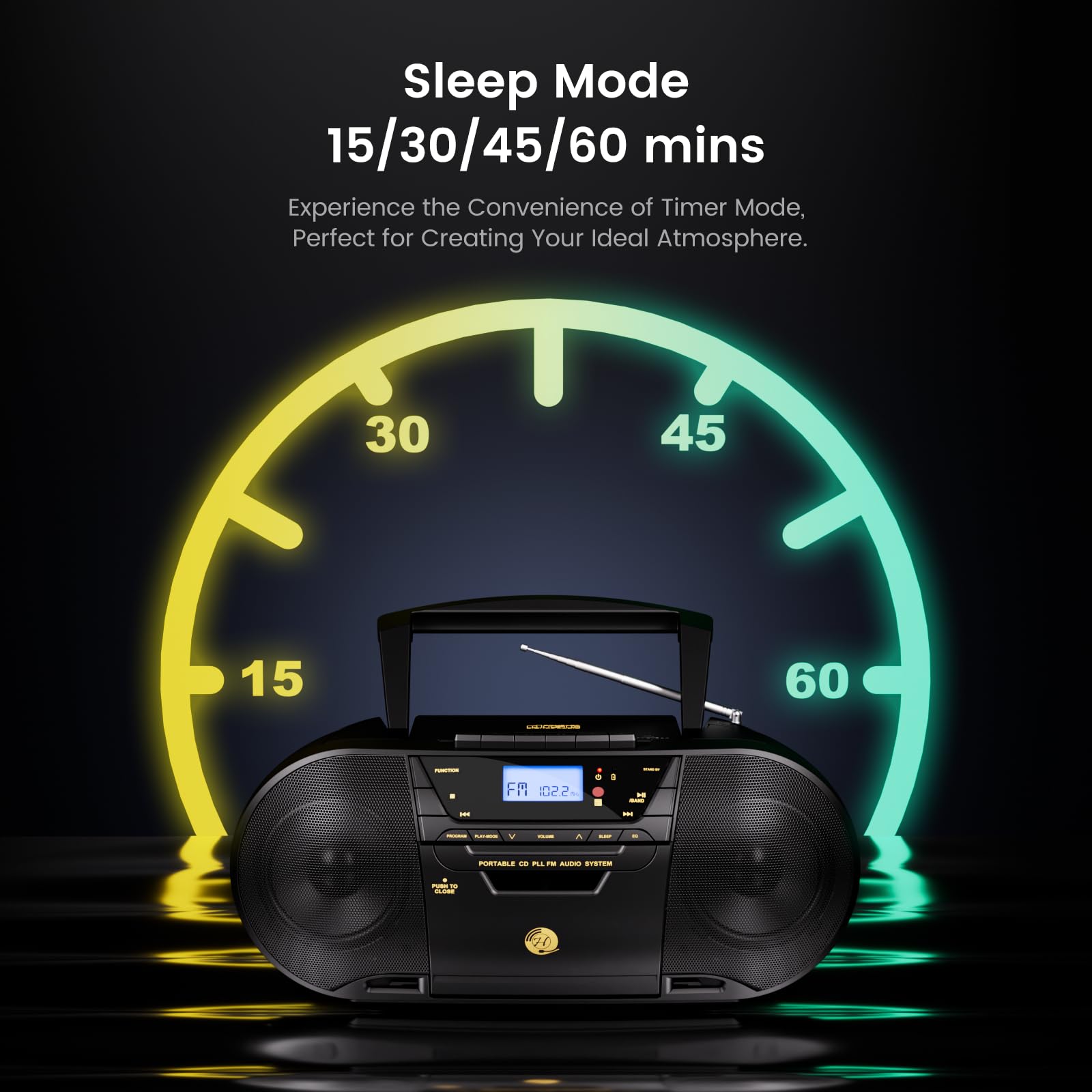Boom Box CD and Cassette Tape Player, Hernpark Rechargeable CD Tape Player with Remote Control, Bluetooth, FM Radio, Sleep Mode, Stereo Sound, EQ Mode, USB Drive, Aux/Headphones Jack (Black)