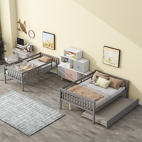 BIADNBZ Solid Wood Bunk Bed with Trundle Twin Over Full Size, Convertible 2 Bedframe with Ladder&Safety Rails, for Kids/Teens/Adults, No Box Spring Needed, Grey