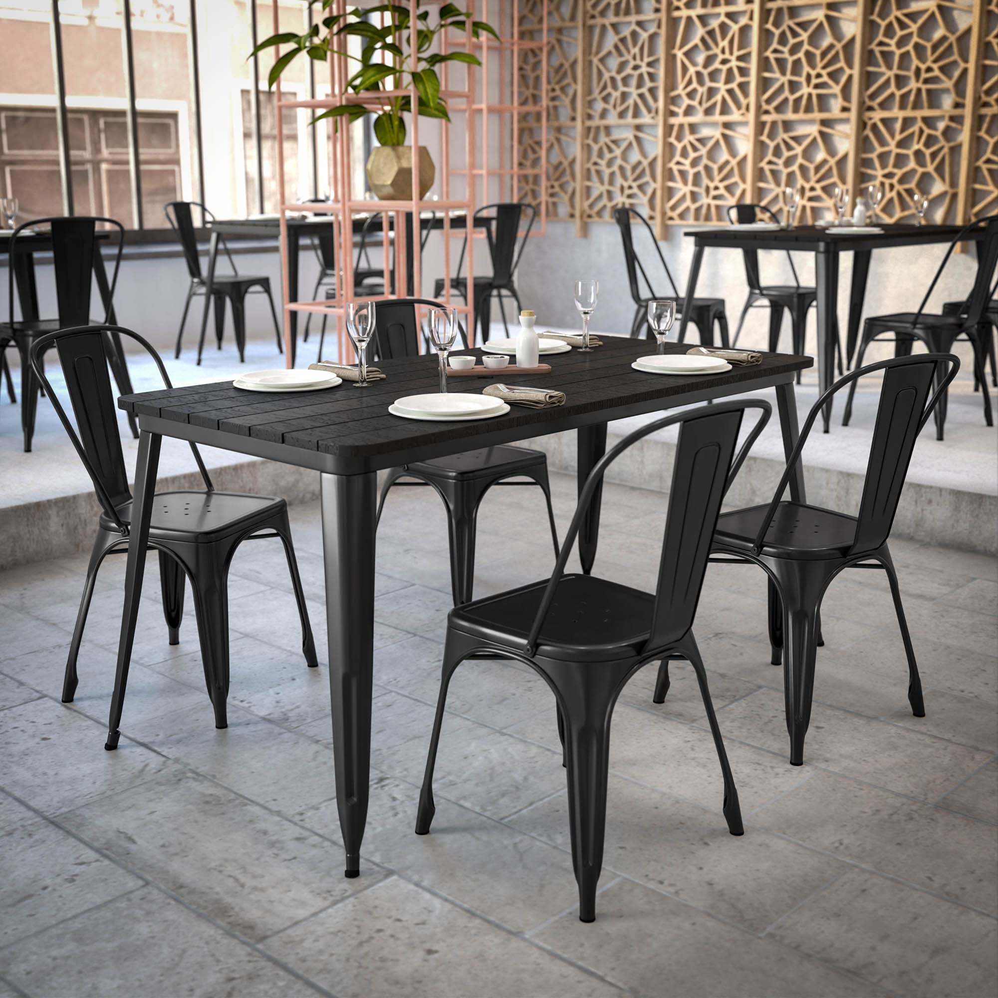 Flash Furniture Declan Commercial Outdoor Dining Table with Umbrella Hole, All Weather Poly Resin Top and Steel Base, 30" x 60", Black/Black