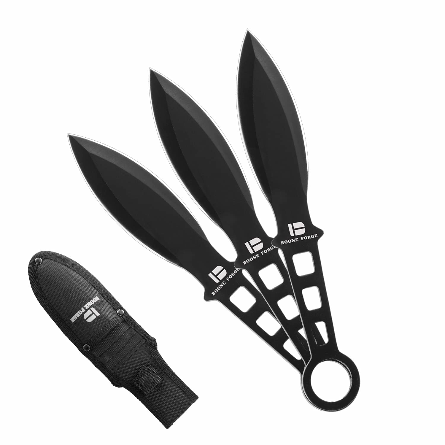BOONE FORGE Throwing Knives Set with 3 Knives Black Double-Edged Blades and Stainless Steel Handles Outdoor Survival Throwing Knives with Nylon Sheath