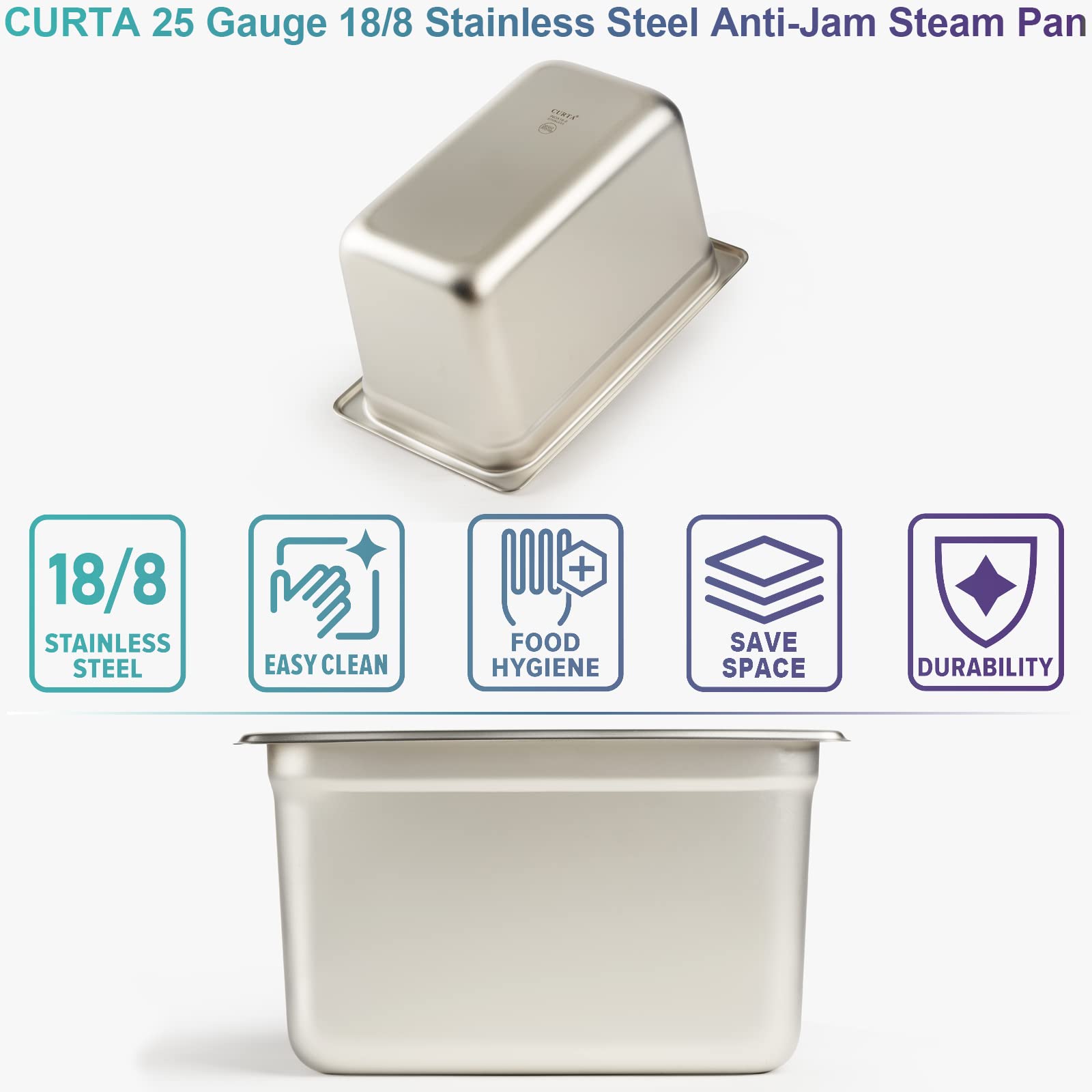 CURTA 6 Pack Anti-Jam Slotted Hotel Pans with Lids, 1/4 Size 2 1/2 Inch Deep, NSF Commercial 18/8 Stainless Steel Chafing Steam Table Food Pan with Covers