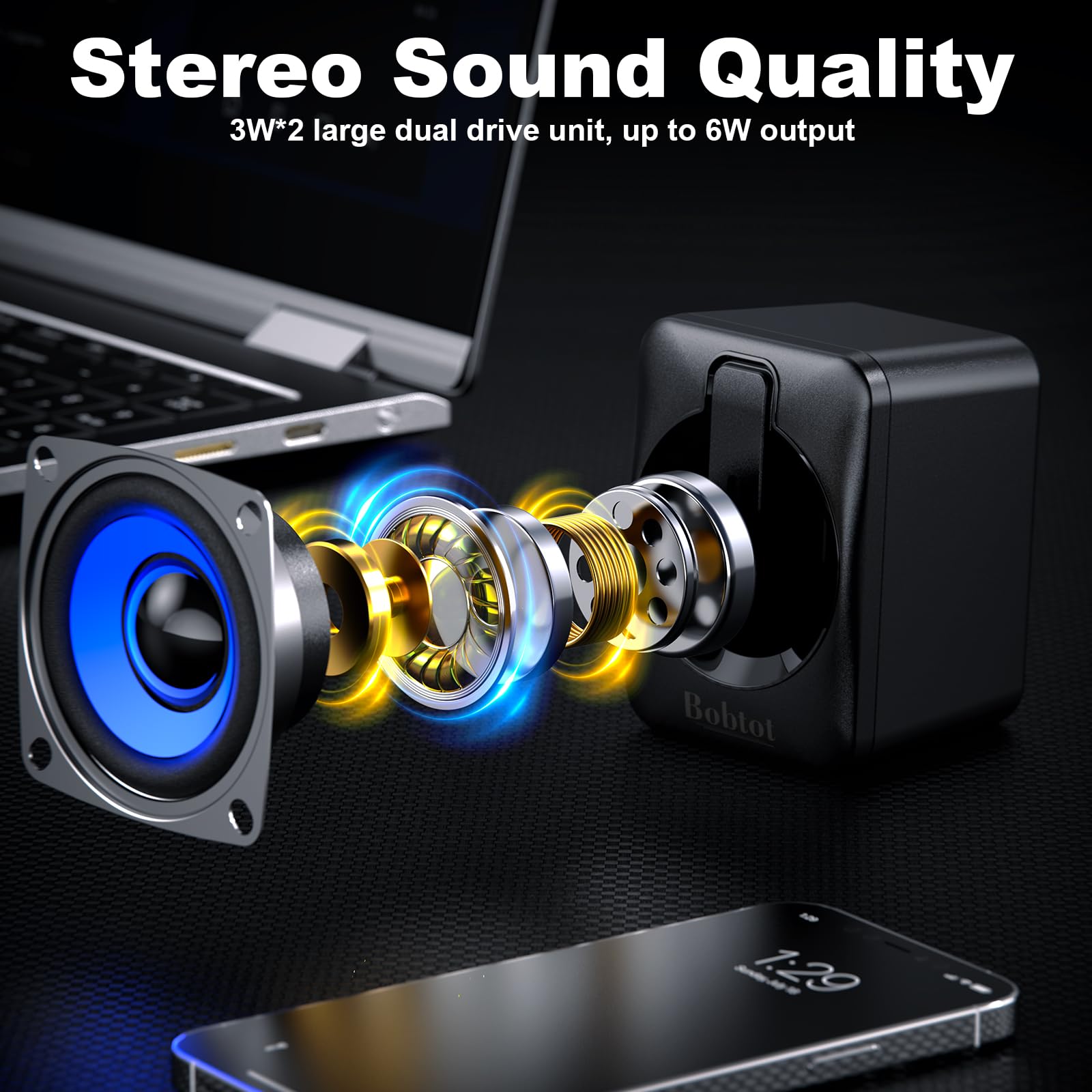 Computer Speaker USB Powered - 2.0 Mini Portable Bluetooth Subwoofer with RGB Lights Volume Control 3.5mm AUX-in HiFi Stereo Sound Desk Audio System for PCs Laptops Tablet Phone