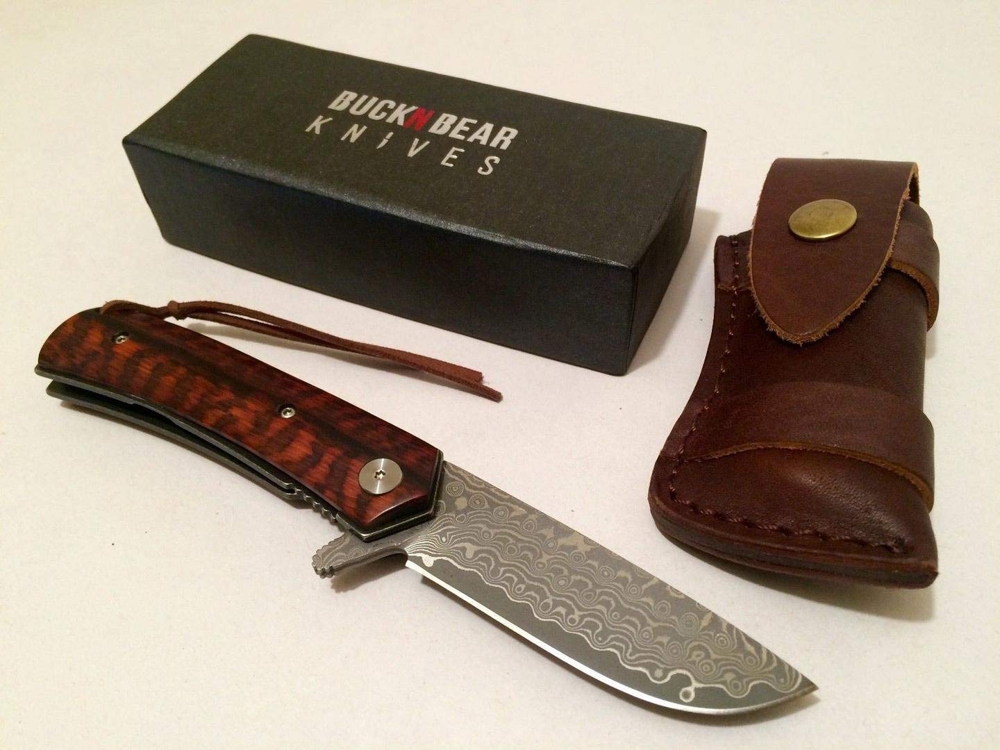 BucknBear Custom Handmade Swiss Damascus Smooth Folding Knife (Snakewood handle)