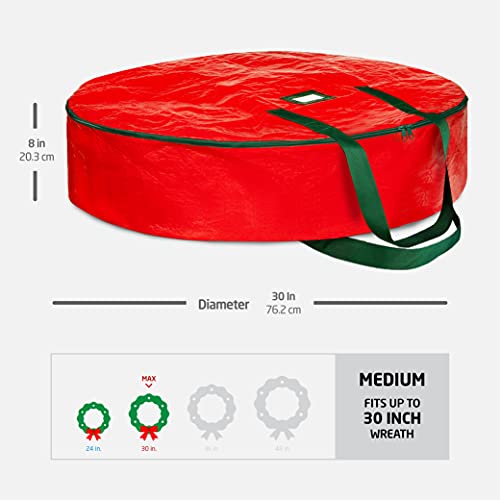 Zober Christmas Wreath Storage Container - 30 Inch Wreath Bag for Artificial Wreaths - Dual Zippered Wreath Storage W/Strong, Durable Handles - Red