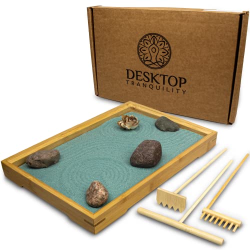 Desktop Tranquility Large Japanese Zen Garden Kit for Home or Office Desk | Office Decor Zen Garden Kit Improves Meditation | Includes Sand Tray, Bamboo Tools, Rocks, and Wooden Flower | 11" x 7.5"