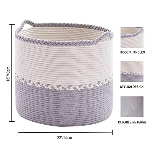 XXXL Large Cotton Rope Basket, 22"x22"x16" Woven Storage Basket with Handle, Blanket Basket Living Room Laundry Basket Hamper Baby Dog Toy Storage Comforter Cushions Thread Baskets for Organizing