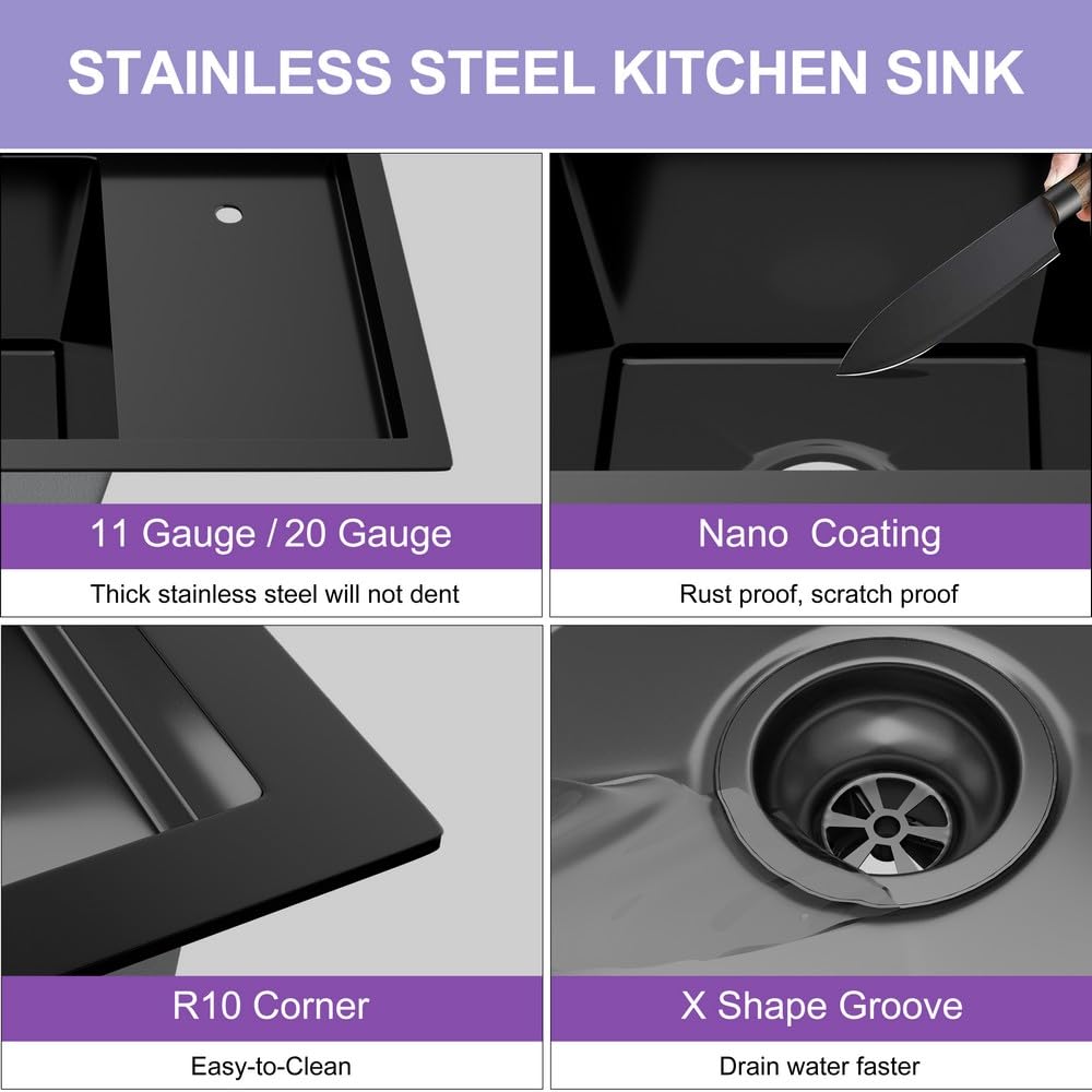 BULUBEE Black Stainless Steel Bar Sink with Glass Rinser, Single Bowl Kitchen Sink, Drop-in or Undermount (23"L x 15"W x 9"D)