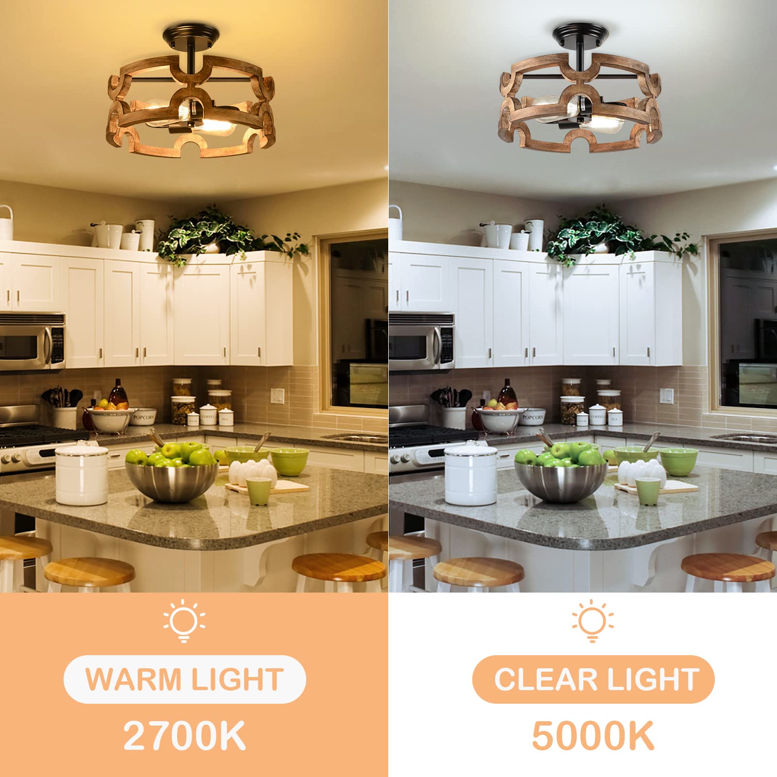 Bribyit Farmhouse Chandelier Light Fixture, Rustic Drum Semi Flush Mount Ceiling Light, 2-Light Wood Pendant Light with Sloped Accessories for Dining Living Room Foyer Kitchen,Height Adjustment