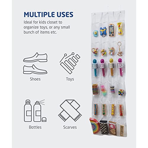 ZOBER Over The Door Shoe Organizer - 24 Breathable Pockets, Hanging Shoe Holder for Maximizing Shoe Storage, Accessories, Toiletries, Laundry Items. 64in x 18in (White, Clear)