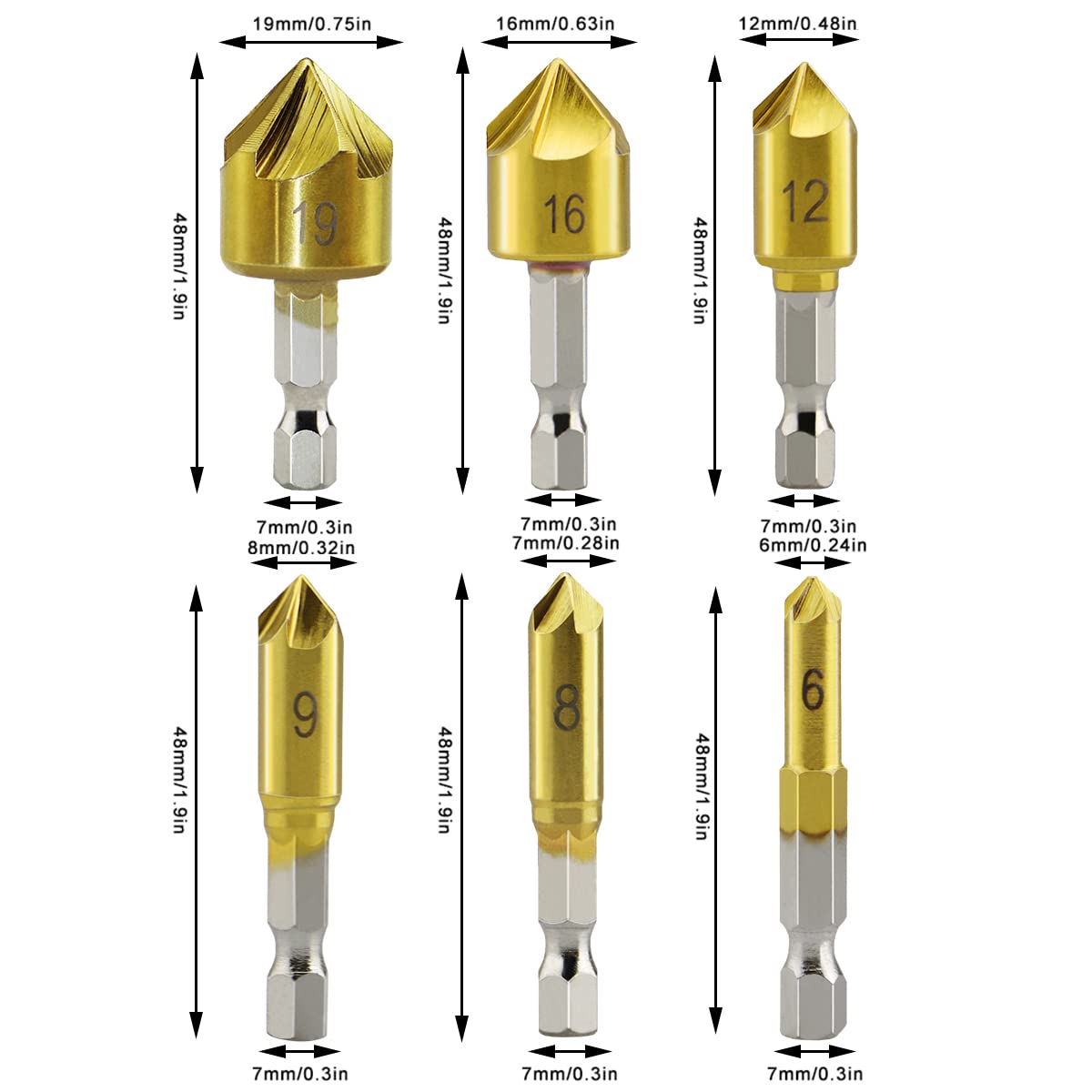 Countersink Drill Bit Set 6 Pcs 5 Flute Counter Sinker Drill Bits and 90 Degree Center Punch Tools HSS 1/4" Hex Shank for Wood Metal Quick Change 6-19mm (6)