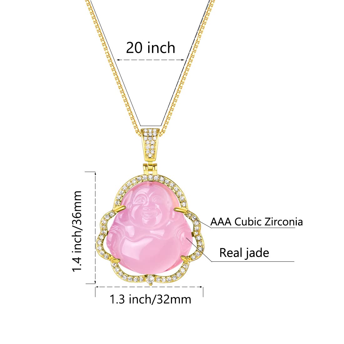Buddha Pendant Pink Jade Buddha Necklace Silver Iced Out Bling Cubic Zirconia laughing Buddha Pendant Necklace