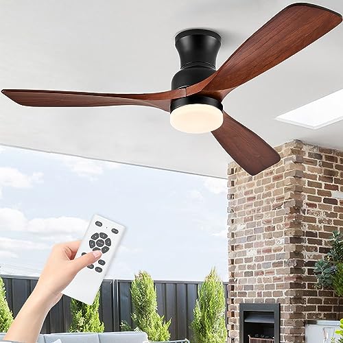 BOOSANT 60" Flush Mount Ceiling Fan with Lights, 60 Inch Ceiling Fans with Remote Control, Low Profile Ceiling Fan for Outdoor Patios, Hugger Ceiling Fan, Quiet Reversible DC Motor (Dark Walnut)