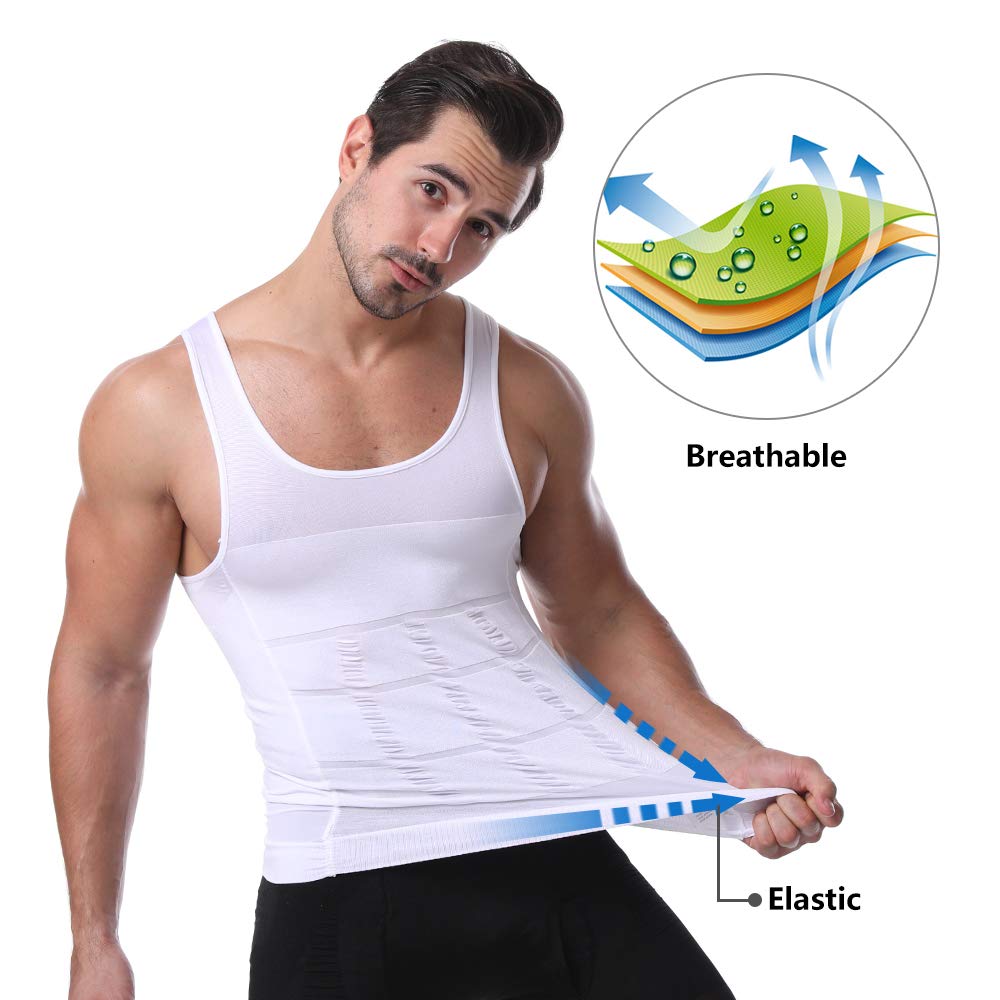 Cacosa Men's Body Shaper Slimming Shirt Tummy Vest Thermal Compression Muscle Tank Top Base Layer Slim Shapewear (White, M)
