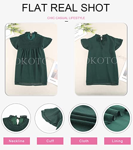Dokotoo Women's Fashion 2023 Summer Ruffle Short Sleeve Round Neck Tops Lace Pom Pom Smocked Basic Tee Shirts Back Keyhole Self Tie Flowy Chiffon Blouses XL Green
