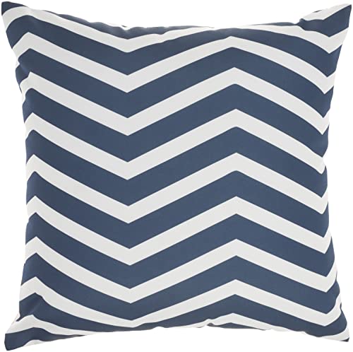 Mina Victory Aloha Floral Ivory/Navy 20" x 20" Outdoor Throw Pillow, Botanical, Patio, Couch, Bench, Easy Clean, Zipper Closure,