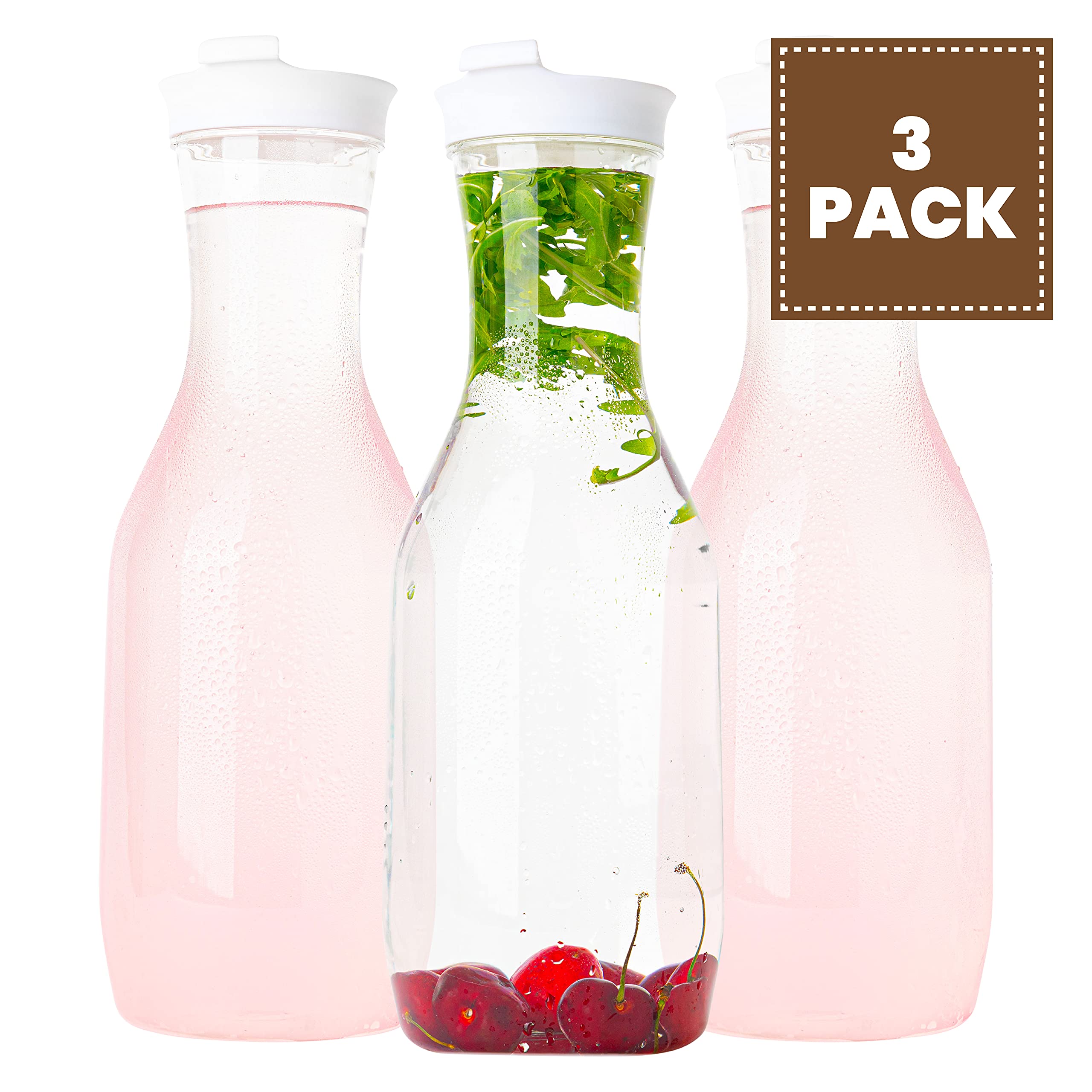 Clear Plastic Water Pitchers Carafes with Flip top Lids Heavy Duty Beverage Pitcher Jug for Juice or iced Coffee Great for Mimosa bar Restuarants ot Schools (3, 50 OZ)