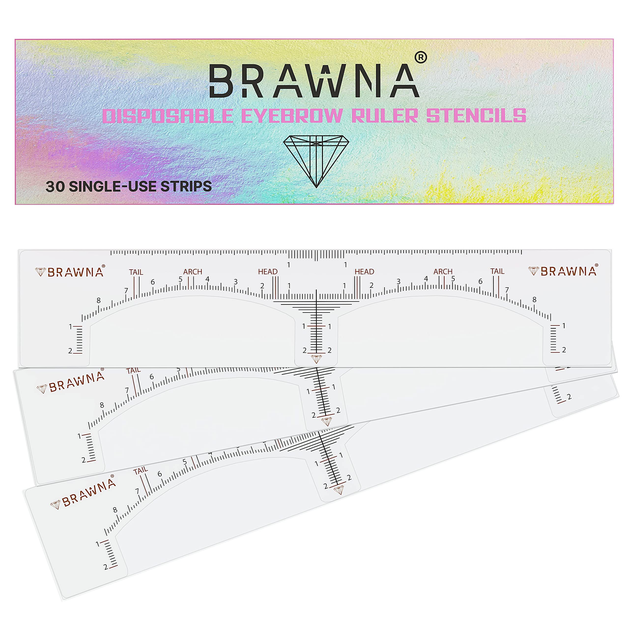 Brawna Eyebrow Ruler Stencil - 30 Pcs Clear Adhesive Eyebrow Shaping, Henna Tinting and Microblading Kit Stencils - Disposable Eyebrow Extensions Shaper Tool for Women - Eyebrow Microblading Supplies