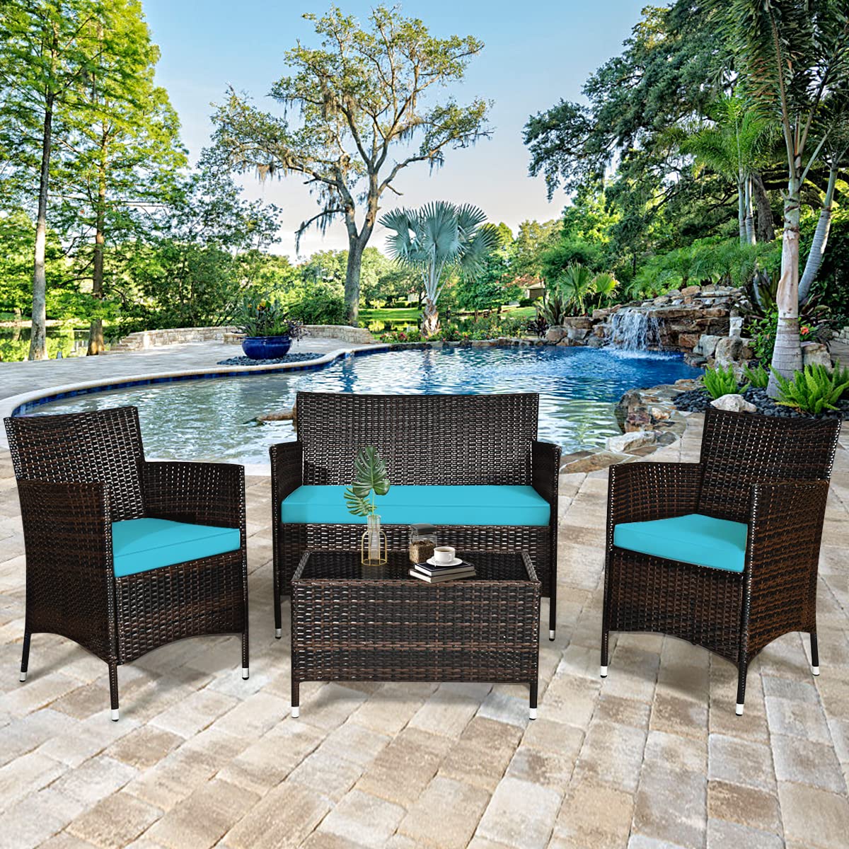 Toolsempire 4 Pieces Patio Sofa Set, Wicker Conversation Set with Ergonomic Curved Backrest, Rattan Furniture Set with Water-Resistant Cushion & Tempered Glass Table for Balcony, Porch (Turquoise)