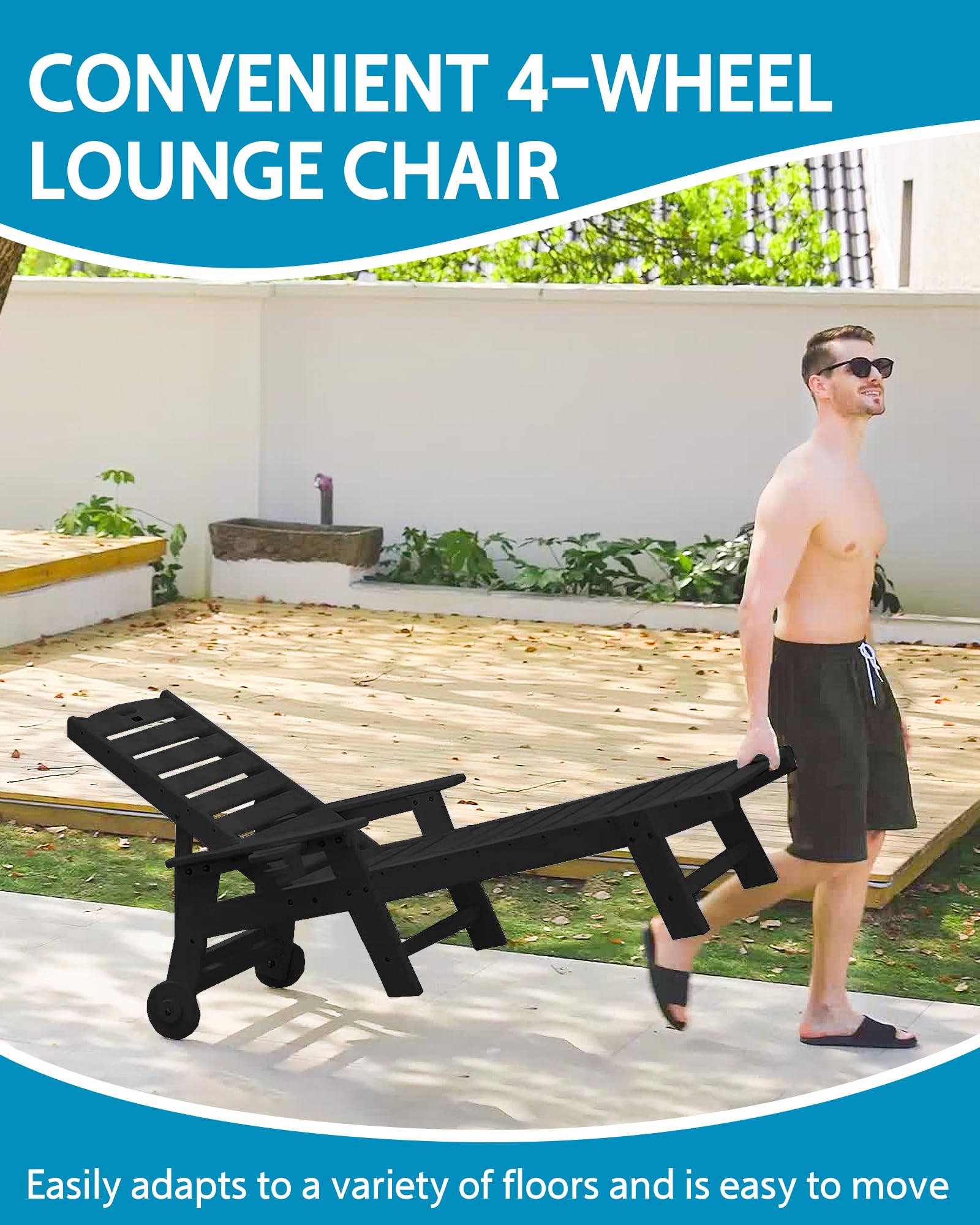 Serique Chaise Lounge Chair Outdoor with Wheels, Oversize Patio Lounge Chair with Wood Texture, 5-Position Plastic Lounge Chair for Poolside, Patio, Deck, Beach(Black)