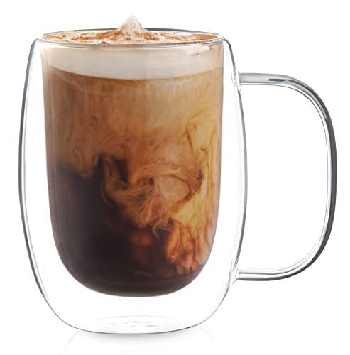 Double Wall Glass Coffee Mugs – 2-Pack 12oz Large Coffee Mugs with Handles – Glass Coffee Cups for Cappuccino, Latte, Tea, Hot Beverages – Lead-Free Borosilicate Double Insulated Coffee Mugs