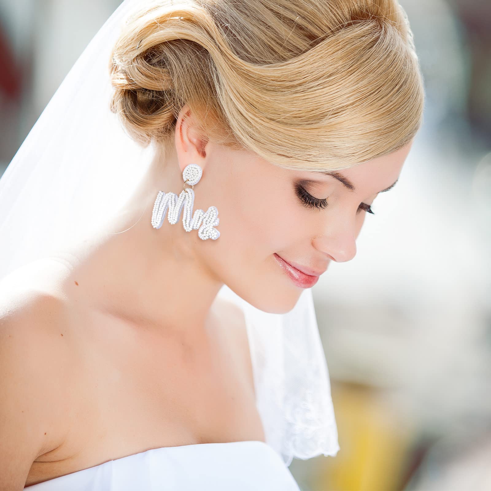 Bride and Mrs Earrings Set Bride Beaded Wedding Earrings Handmade Statement Mrs Dangle Earrings for Women (Romantic Style)