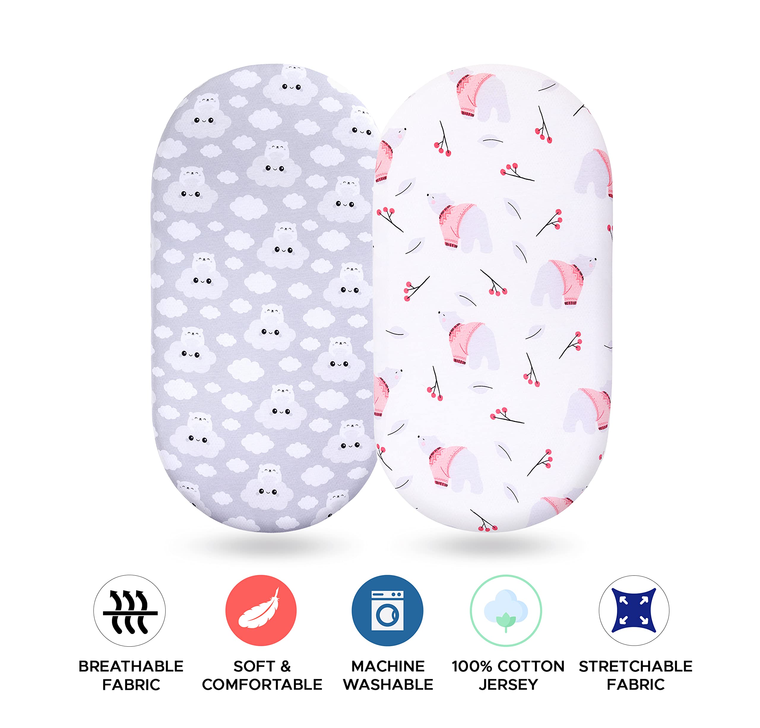 BREALIZE – Baby Bassinet Sheet, 100% Jersey Cotton – 2 Pack – 32 x 16 x 4 inches, Universal Fitted Bassinet Sheets for Baby Girls and Boys with Cloud and Bear Pattern – Color Grey and White