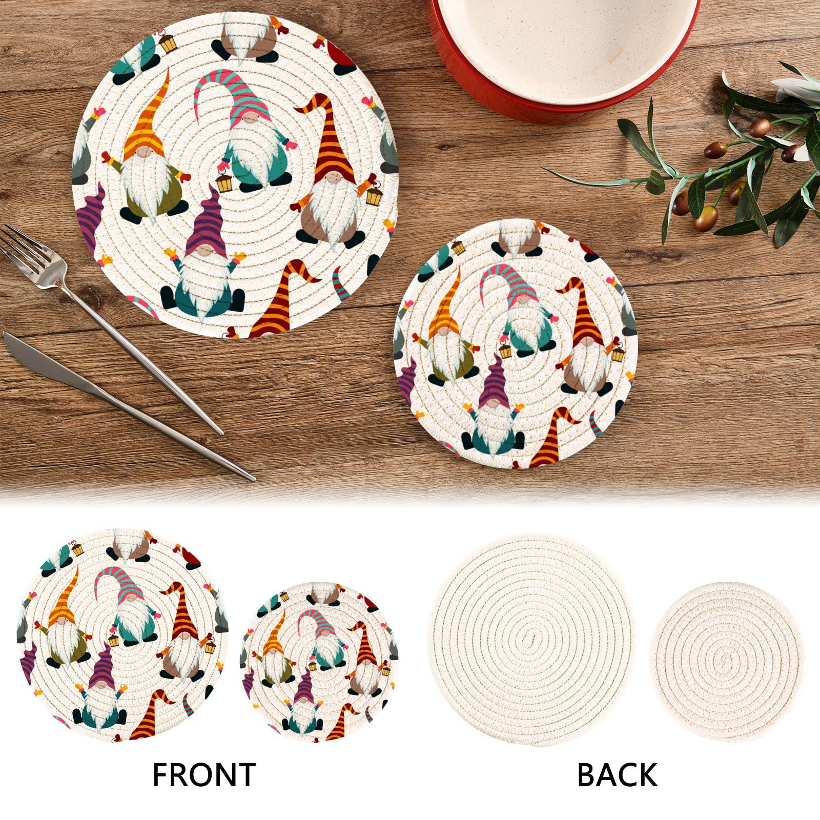 Christmas Potholders Set Trivets Set of 2, Christmas Gnomes Seamless Round Woven Pot Holder Set Coasters Hot Pads Hot Mats