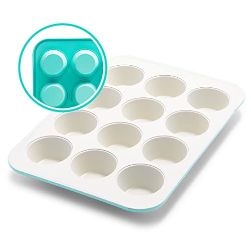 GreenLife Bakeware Healthy Ceramic Nonstick, 12 Cup Muffin and Cupcake Baking Pan, PFAS-Free, Turquoise