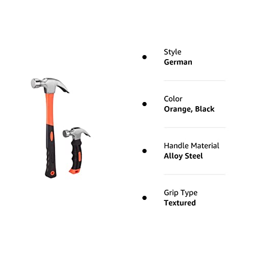 ZUZUAN 2 Piece Hammer Set,includes 1 Pack 8 OZ Mini Stubby Claw Hammer and 1 Pack 16 OZ Fiberglass General Purpose Claw Hammer,Soft Nonslip Handle & Heat Treated Head,Heavier for Higher Hardness