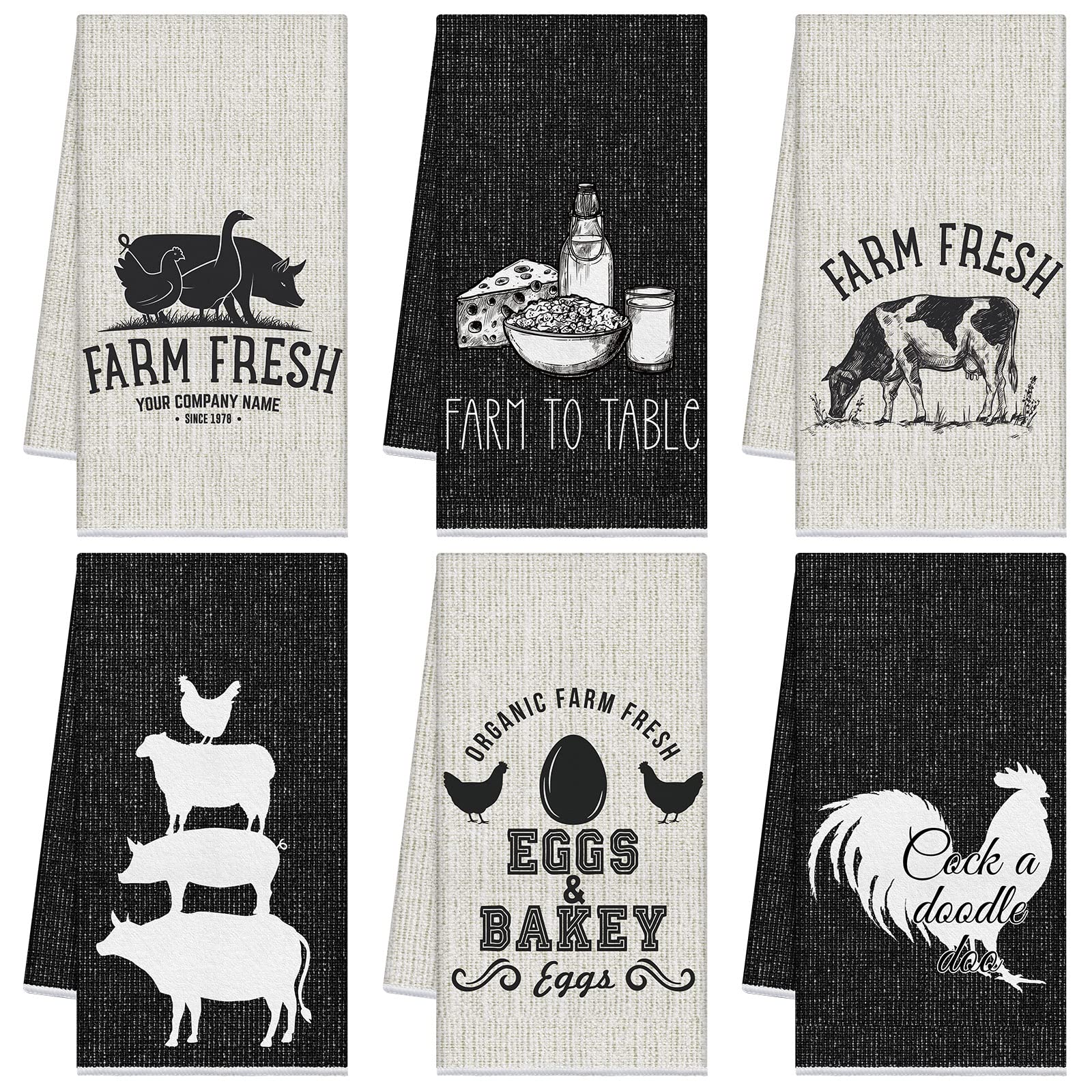 Redbaker 6 Pcs Farm Animal Theme Kitchen Towels Farmhouse Funny Dish Towel Rustic Hand Towels Rooster Cow Pig Decorative Tea Towels Absorbent with Hanging Loop for Kitchen Bathroom Housewarming Gift