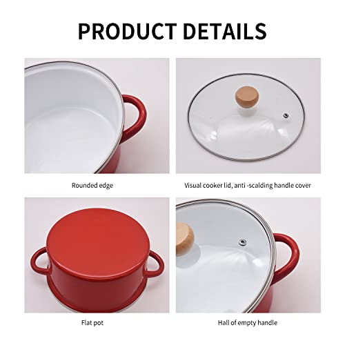 Enamel Saucepan with Glass Lids, 4 Quart Multipurpose Stockpot with Lid, Sauce Pot, Cooking Pot with Double Handles, Stew Pot, Simmering Pot, Soup Pot (4 QT, Red)