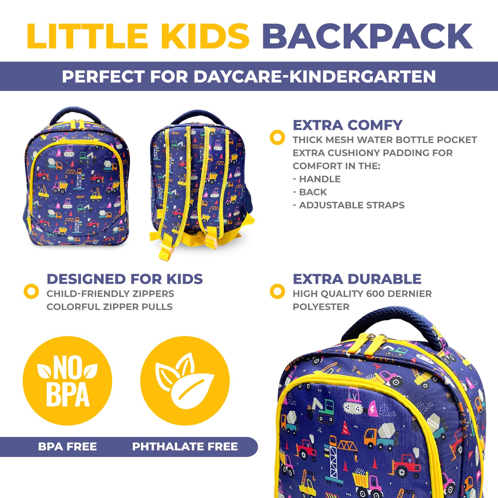 Bundle of Bento Box, Insulated Lunch Bag, Ice Pack & Water Botle Set for Kids - 5 Leakproof Compartments (Blue Yellow Truck) + Toddler Backpack for Boys, Cute 13β (Blue Yellow Trucks)